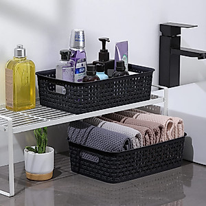 [ 8 Pack ] Plastic Storage Baskets - Small Pantry Organization and Storage Bins - Household Organizers for Laundry Room, Bathrooms, Kitchens, Cabinets, Countertops, Under Sink or On Shelves - Black