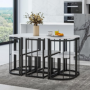 Merax Metal Dining Room Table Set with Chairs for 6 Space Saving, 7 Piece Kitchen Dining Table and Chairs, Black White