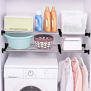 BAOYOUNI Expandable Shelf Closet Tension Rod Adjustable Shelving Unit Storage Rack Organizer Hanger Space Saving Divider for Wardrobe, Cupboard, Kitchen, Bathroom Use, Black