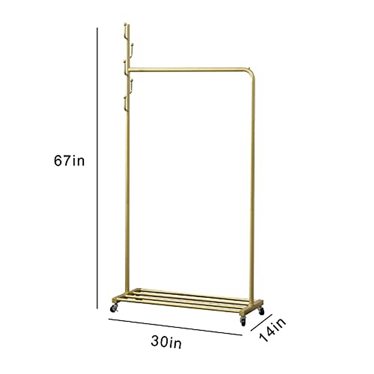 FJANKUI Clothing Garment Rack with Lockable Wheels, 3-in-1 Rolling Clothes Rack for Hanging Clothes, 5 Side Hooks and Bottom Shelves Organizing Clothes,Shoes,bags,hats(31.5in gold)