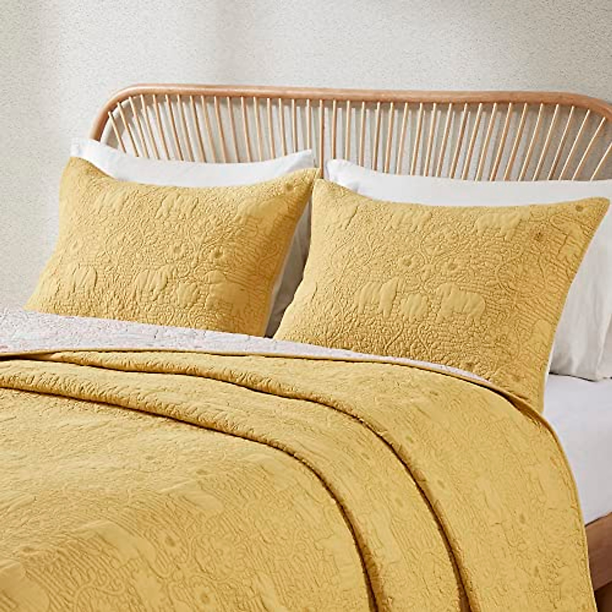 Ink+Ivy Kandula King/Cal King Size Quilt Bedding Set - Mustard Yellow , Quilted Floral, Elephants – 3 Piece Bedding Quilt Coverlets – 100% Cotton Percale Bed Quilts Quilted Coverlet