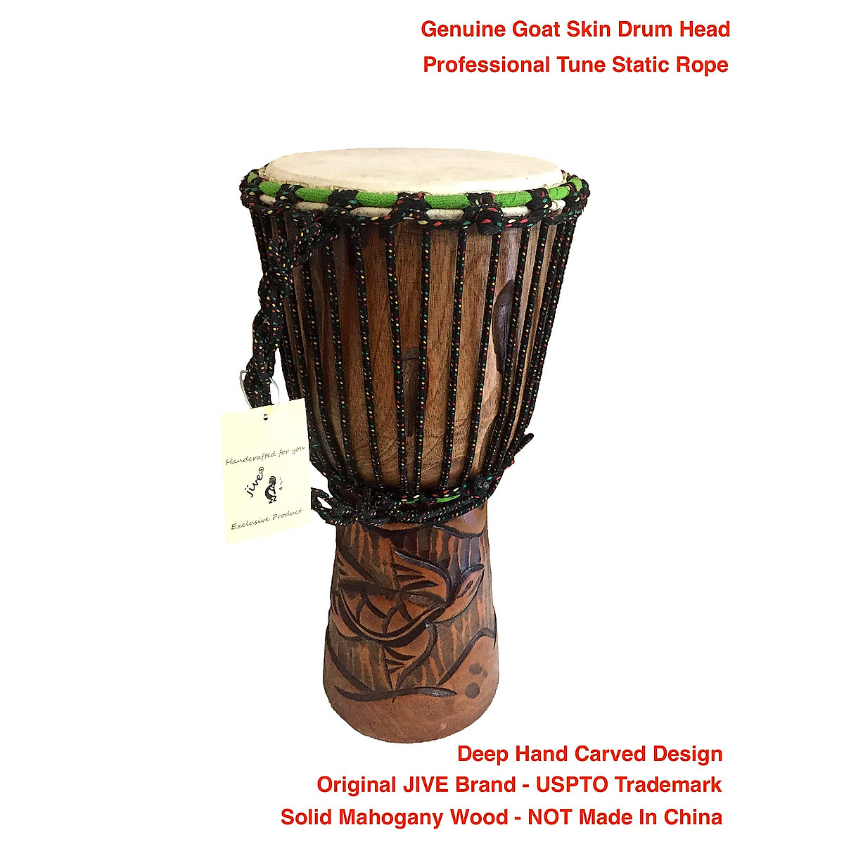 JIVE Djembe Drum African Bongo Congo Wood Drum Deep Carved Solid Mahogany Goat Skin Professional Quality 16" High (Turtle)