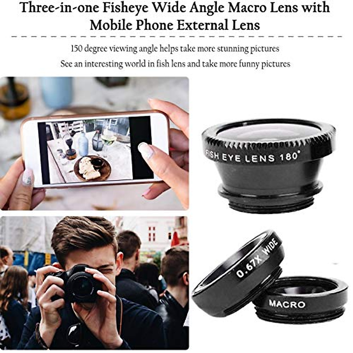 3 in 1 Cell Phone Camera Lens Kit Wide Angle Macro Fisheye Lens Universal for Smart Phones iPhone Samsung Android