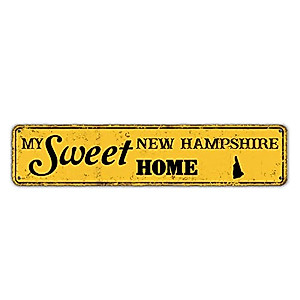 My Sweet Home New Hampshire Metal Sign Farmhouse State Map Silhouette Solid Yellow Garden Yard Decor UV Protected Metal Wall Decor Ready to Hang for Garage Office Restaurants Rectangle 4x18in