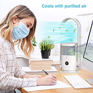 ULTTY Bladeless Tower Fan with Air Purifier, 90° Oscillating Tower Fan with HEPA Filter, Remote Control, Touch, 8H Timer, 9 Speeds, Powerful Floor Fan for Bedroom Room Home Office, CR021, White