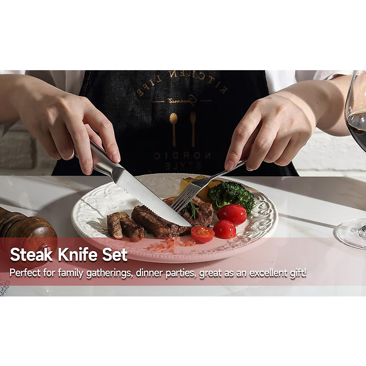 SANHUI Steak Knives, Steak Knife Set of 8, German Stainless Steel Steak Knife Serrated, Silver