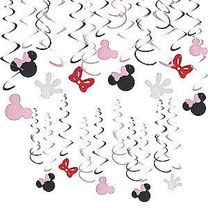 30CT Minnie Hanging Swirls Happy Birthday Decorations, Pink Mini Mouse Theme Party Decorations, Minnie Streamers for Ceiling Mouse Cartoon Party Supplies Pink Glitter Party Decor Girls Baby Shower