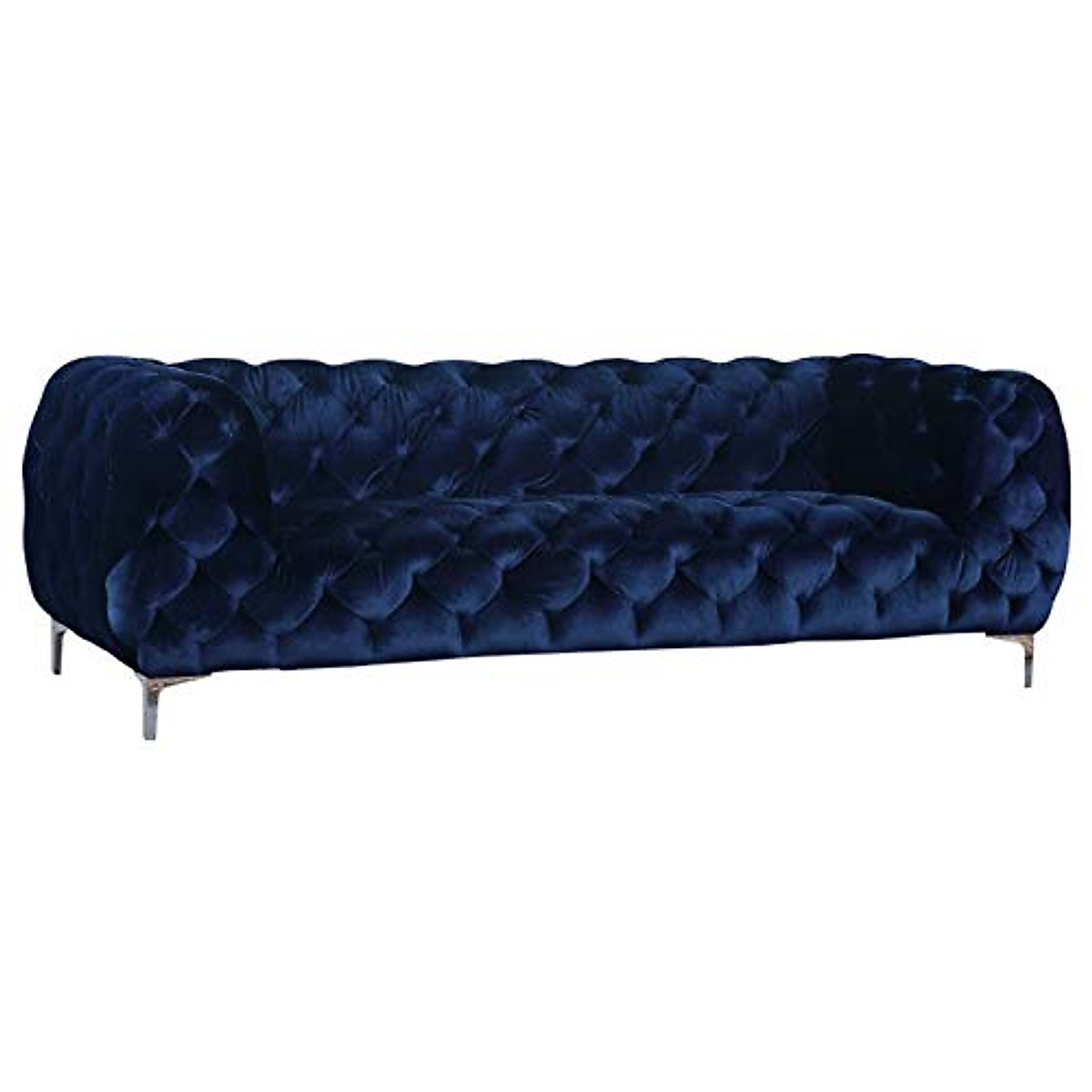 Meridian Furniture Mercer Collection Modern | Contemporary Low Back, Velvet Upholstered Sofa with Deep Button Tufting, and Custom Chrome Legs, Navy, 91" W x 35" D x 28.5" H