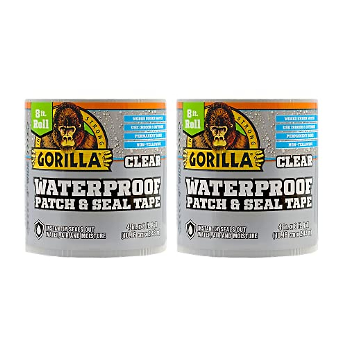 Gorilla Waterproof Patch & Seal Tape, 4" x 8', Clear, (Pack of 2)