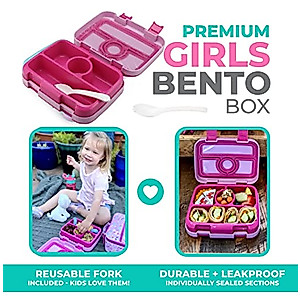 Bento Lunch Box Kids Toddlers: Leakproof Lunch Containers for Boys & Girls with 4 Compartments - School, Daycare, Pre-School, Snack Container with Lid Utensil, BPA-Free Boxes, Age 3+, Pink Unicorn