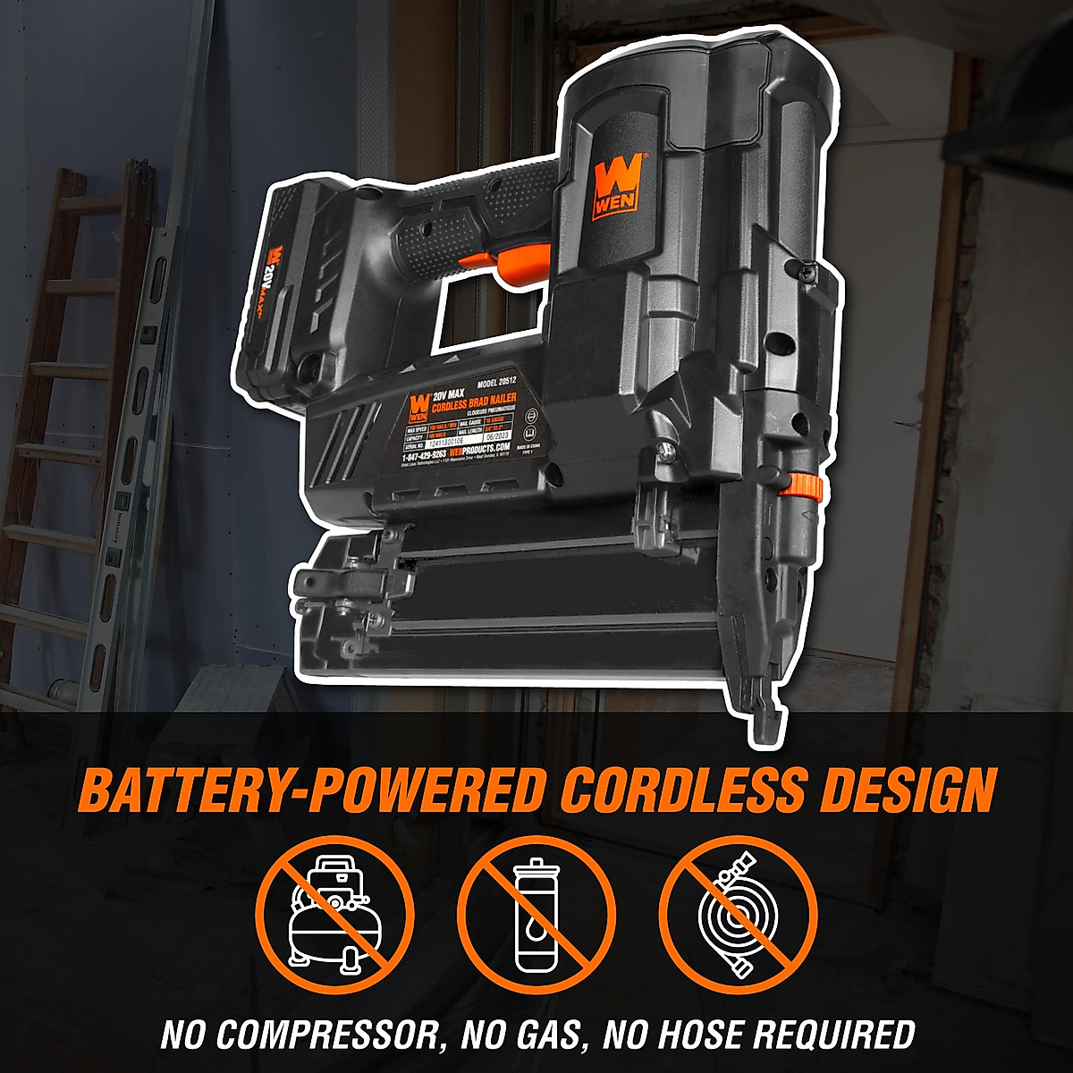 WEN 20V Max Cordless 18-Gauge Brad Nailer with 2.0Ah Battery and Charger (20512)