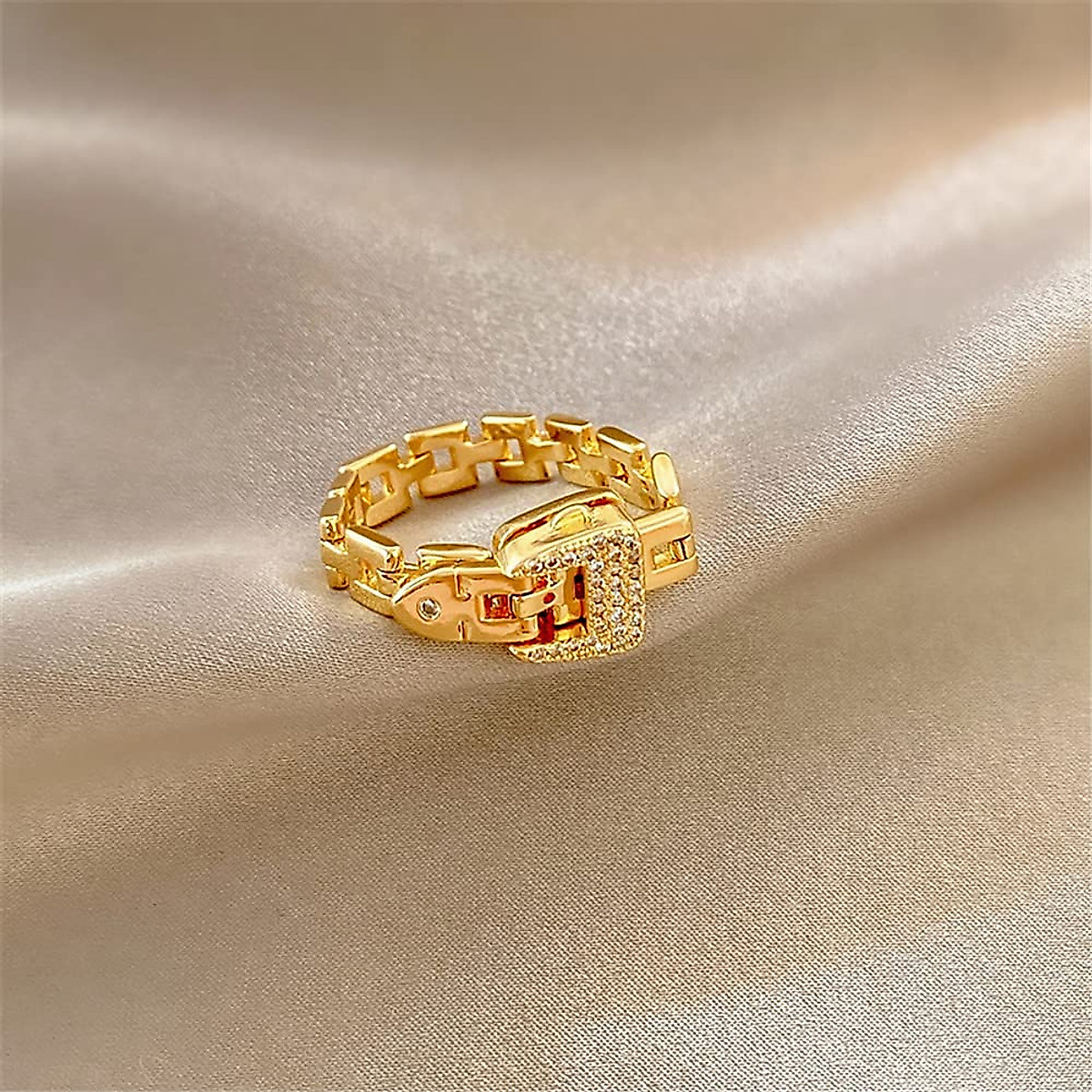 Jukoclut Belt Buckle Statement Ring for Women Delicate Detachable Cuba Chain Link Band Jewelry Gold