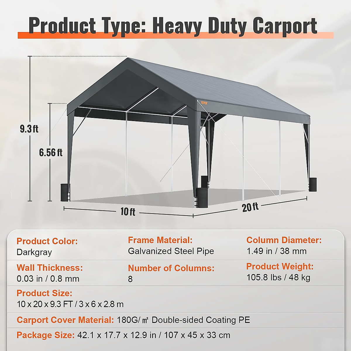 VEVOR Outdoor 10x20 ft Heavy Duty Carport Car Canopy Garage Boat Shelter Party Tent with 8 Reinforced Poles and 4 Weight Bags, UV Resistant Waterproof All-Season Tarp for SUV, F150, Car, Truck, Boat