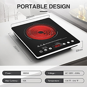 Electric Cooktop 12 Inch,Single Burner Plug in Portable 110V Electric Cooktop, Countertop Ceramic Stove Top with Power Levels and Overheat Protection