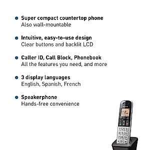 Panasonic Compact Cordless Phone with DECT 6.0, 1.6" Amber LCD and Illuminated HS Keypad, Call Block, Caller ID, Multiple Display Languages - 1 Handset - KX-TGB810S (Black/Silver)