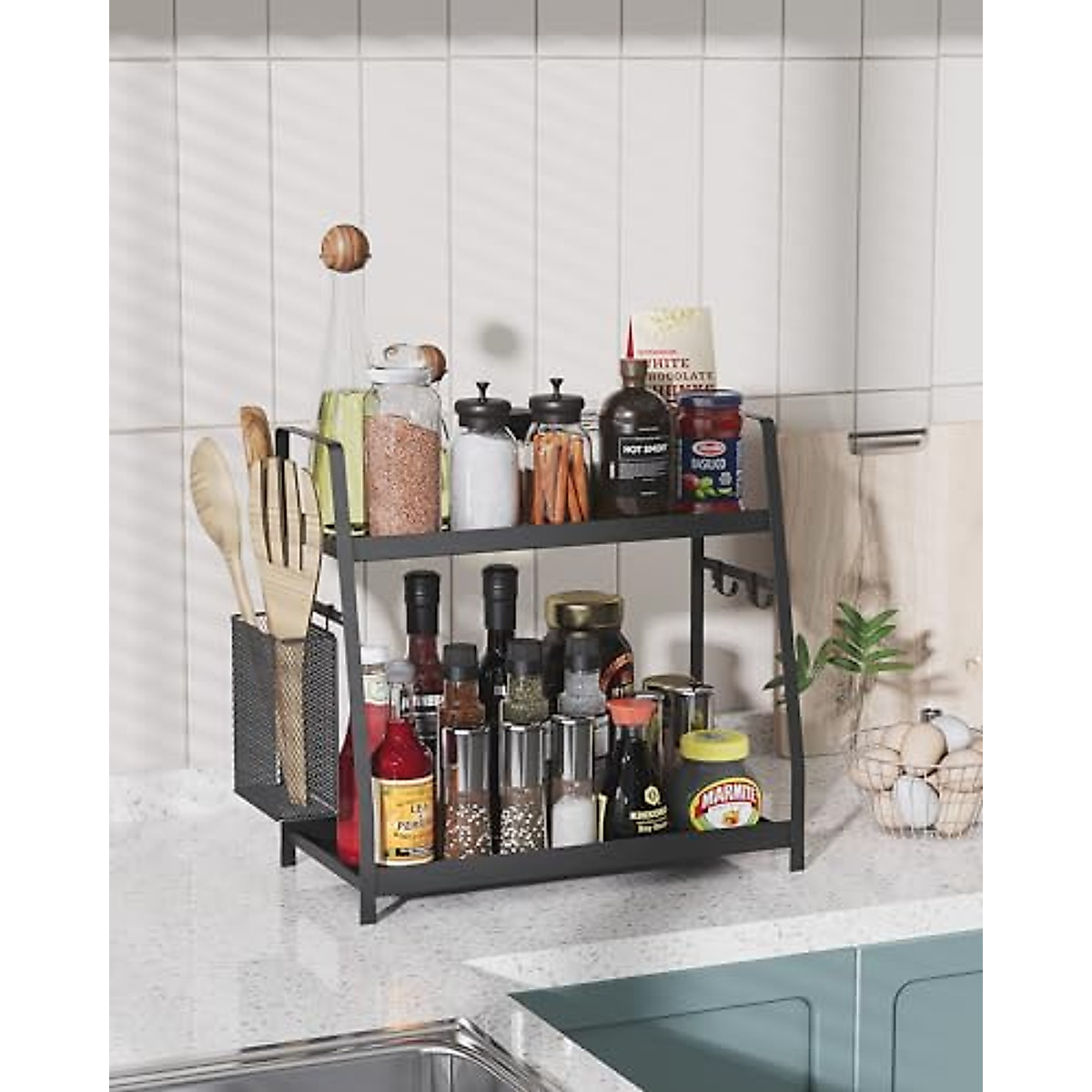 OROPY 2 Tier Spice Rack for Countertop, Height Adjustable Metal Standing Kitchen Storage Organizer Shelf, Counter Shelf for Cabinet,Pantry,Bathroom,Bedroom, with Hanging Basket