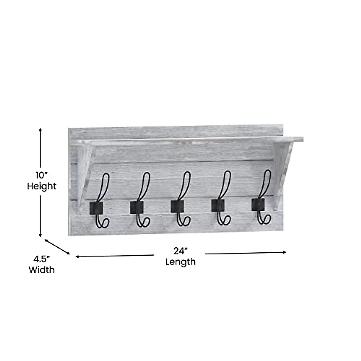 Flash Furniture Daly Wall Mounted Storage Rack - Whitewashed Solid Pine Wood - 24 Inch - Upper Shelf and 5 Hooks - For Entryway, Kitchen, Bathroom