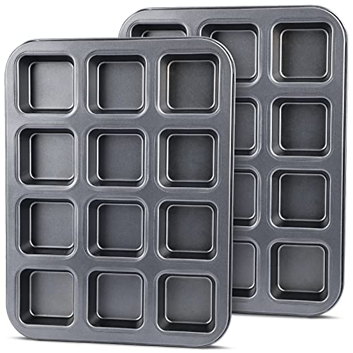 Suice Brownie Pan with Dividers 2 Pack,12 Cavity Brownie Cake Pans All Edges, Nonstick Square Muffin Pan 3x4 Individual Cutter Baking Sheet, Heavy Duty Baking Pan for Brownies, Muffins, Bread - Black