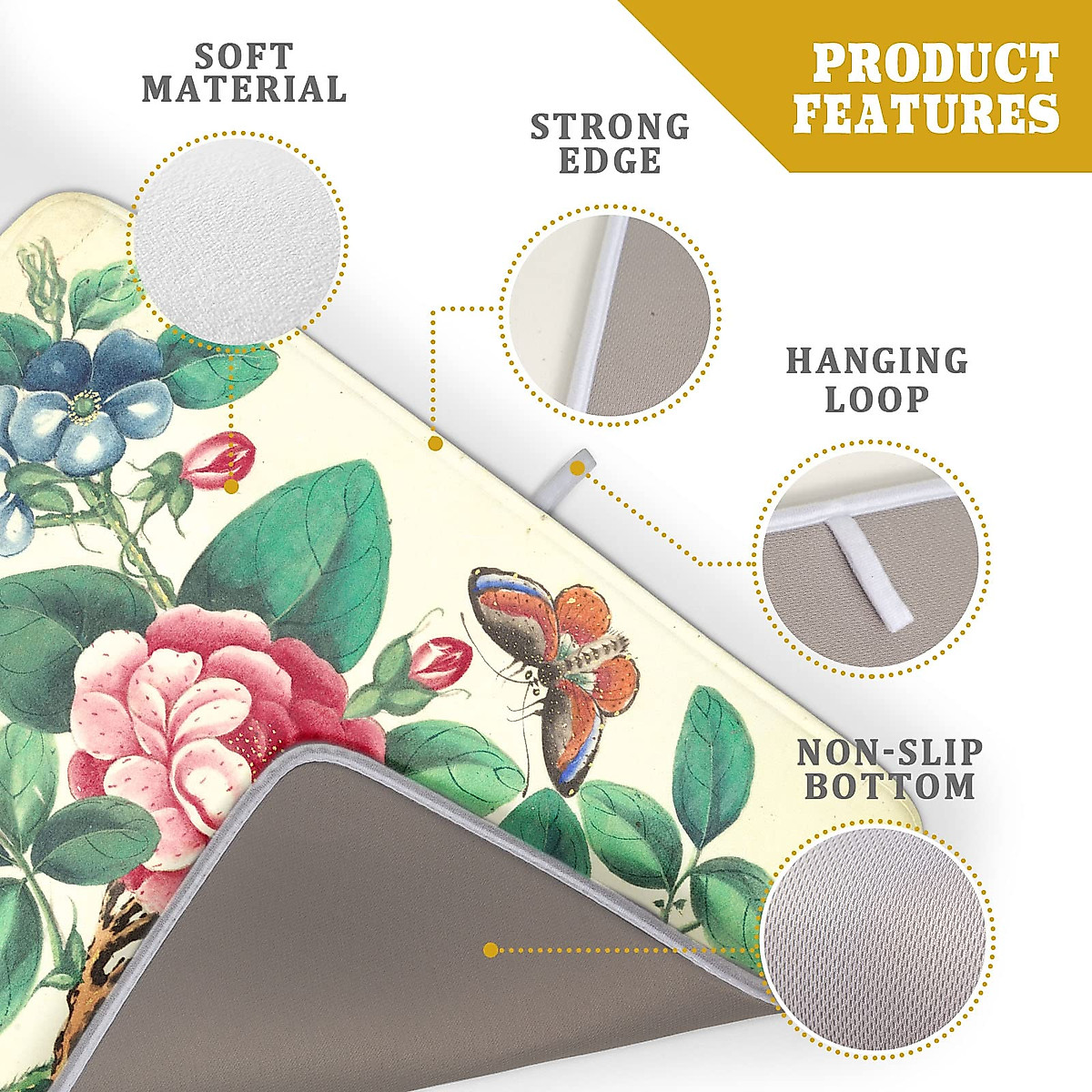 Beautiful Butterfly Flowers Dish Drying Mat Harmonious Nature Design Draining Mats Ultra Absorbent Microfiber Dish Rack Machine Washable and Super Fast Drying Pad for Kitchen Counter