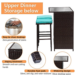 Set Of 3 Outdoor Bar Set Patio Wicker Counter Height Table Set Sturdy Frame Rattan Bar Table with Glass Table Top Storage Shelves 2 Bar Stools for Patio Poolside Porch Outdoor Indoor, Blue