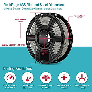FLASHFORGE D-Series ABS 3D Printer Filament, 1.75mm (Silver), 0.5kg Spool (1.1lbs), Guaranteed Fresh, Dimensional Accuracy +/- 0.02mm, Tangle-Free, Fits Most FDM Printers [Risk-Free]