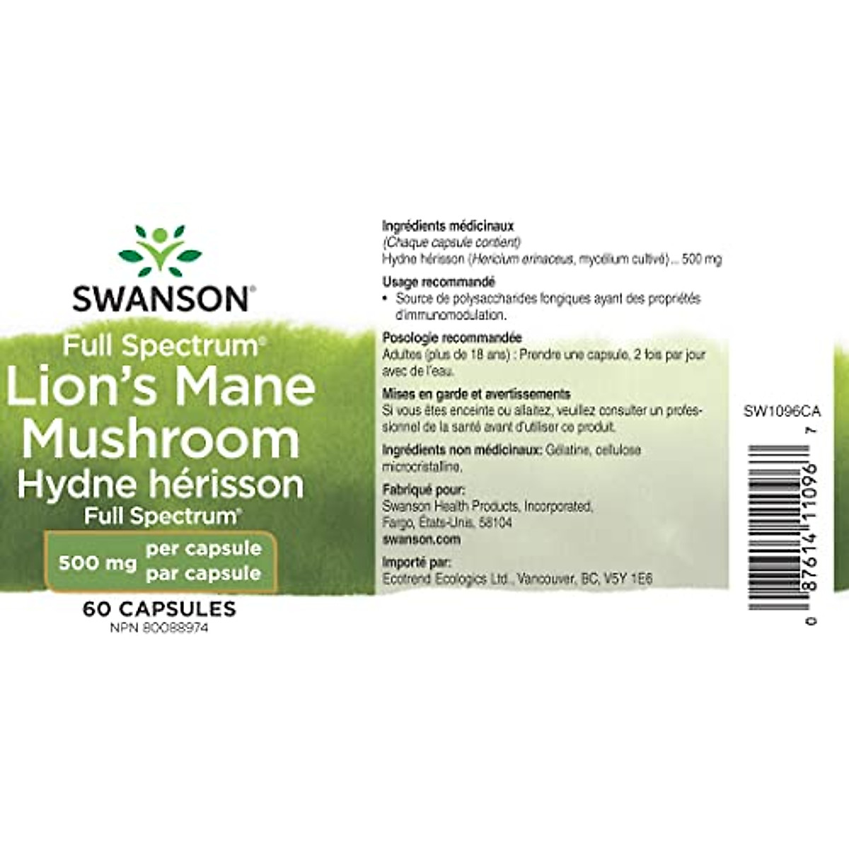 Swanson Lion's Mane Mushroom - 60 Capsules, 500mg Each