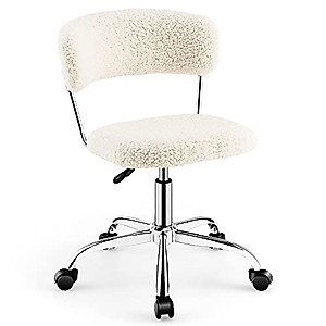 Giantex Home Office Chair, Faux Fur Low Back Swivel Leisure Chair w/Height Adjustable Padded Seat, Rolling Armless Vanity Chair w/Galvanized Steel Frame for Bedroom Study Guest Room, White