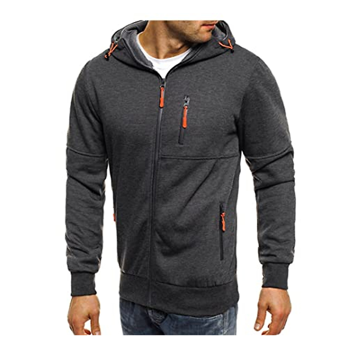 Kroivil Men Hoodies Casual Hoodies for Men with Zip Pockets Full Zip Long Sleeve Sweatshirt Sports Hooded Jacket Dark Grey
