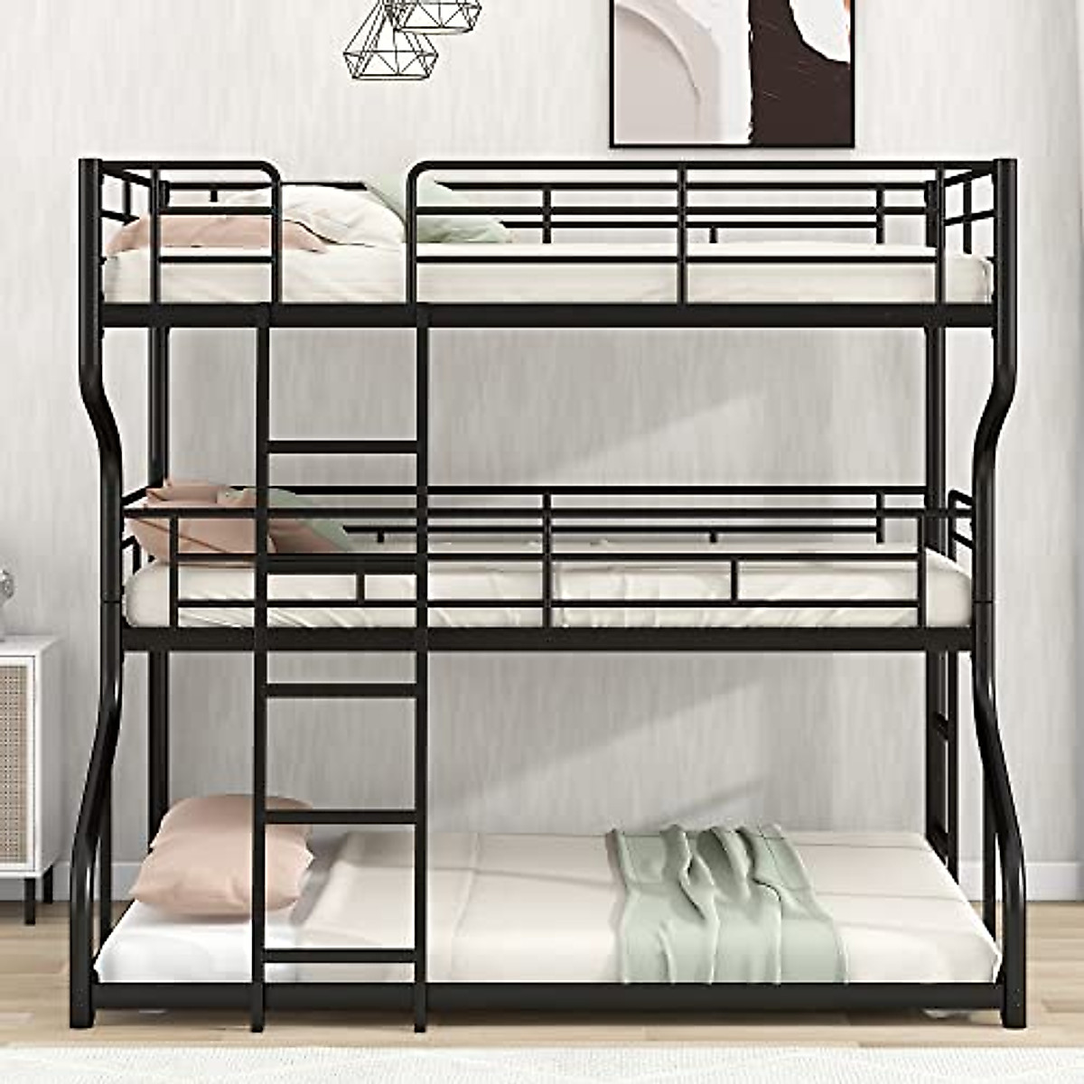 KoiHome Full Over Twin Over Queen Size Triple Bunk Bed with 2 Ladders, Metal Low Bed Frame with Full-Length Guardrail for Kids Teens Girls Boys Bedroom, Space-Saving, No Box Spring Needed, Black
