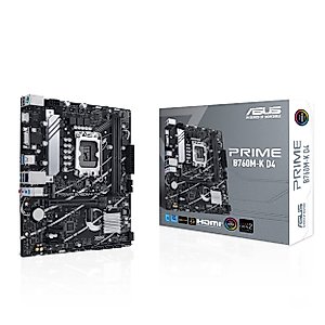 ASUS PRIME B760M-K D4 Intel® B760 (LGA 1700)(13th and 12th Gen) mATX motherboard, PCIe 4.0, two PCIe 4.0 M.2 slots, DDR4, Realtek 2.5Gb Ethernet, HDMI®, SATA 6 Gbps, front USB 3.2 Gen 1, Aura Sync