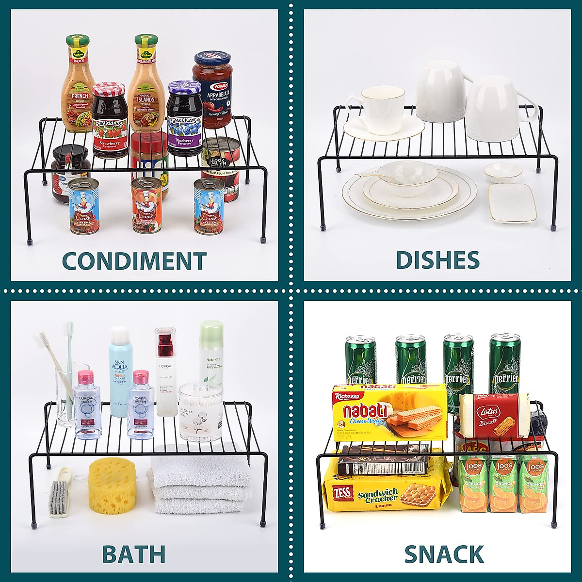 AKAZA (16.1 x 10.2 Inch) Cabinet Storage Shelf Rack, Kitchen Shelves，Kitchen Counter and Cabinet Shelf, Storage Rack Organizer for Kitchen, Fridge, Cabinet, Bathroom Cupboard (Black, 6)