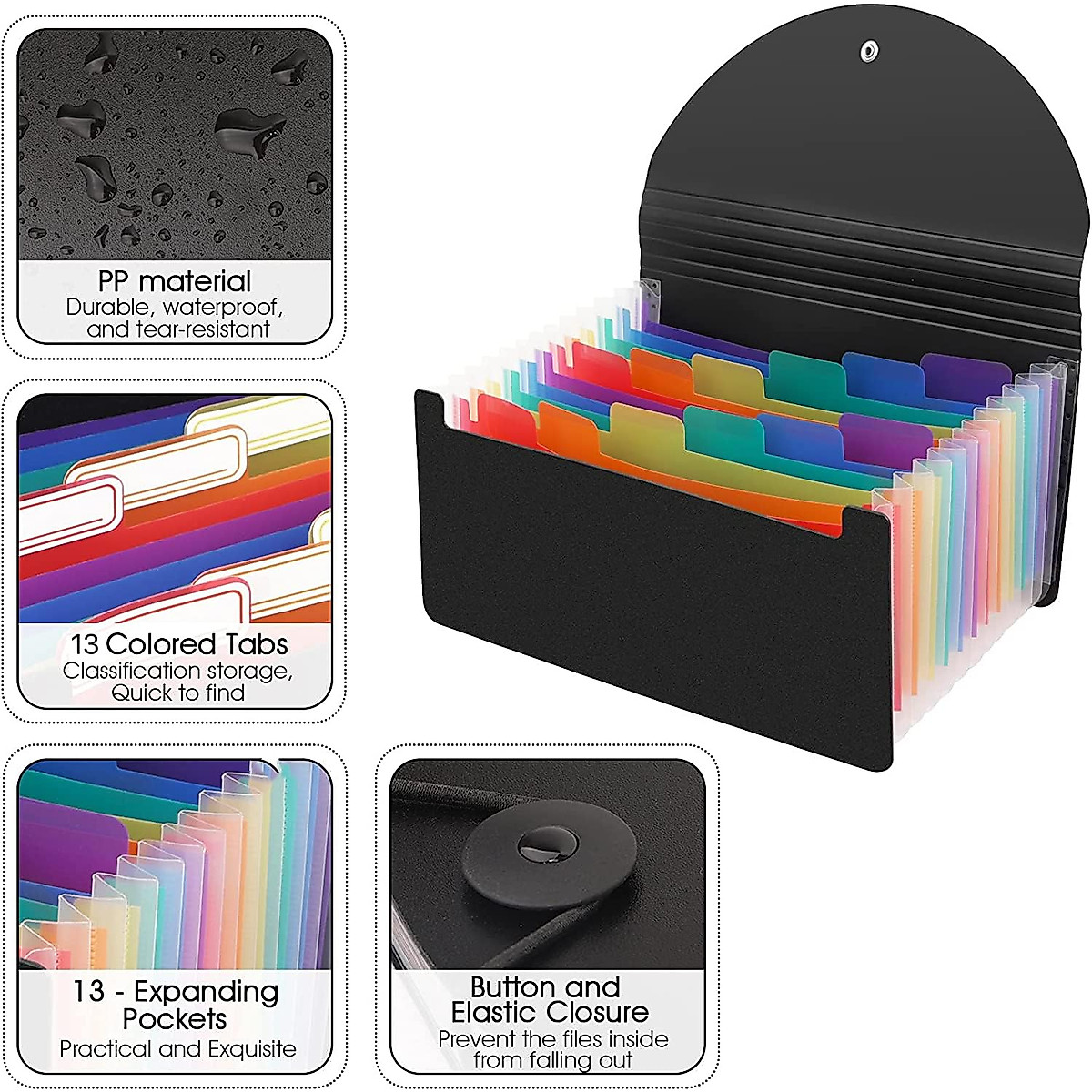 Expanding File Folder with Labels, 13 Pocket Accordion Document, Portable Accordion Filing Folder for Letter A4 Paper Document, Papers Letter Size, Black