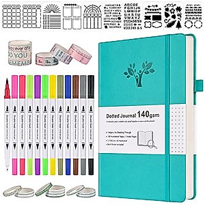 OFFIGIFT Bullet Dotted Journal Kit, 140gsm Hardcover A5 Dotted Journal with 188 Numbered Pages and 3 Index, 12 Brush Pens Dual Tip, 10 Stencils and 14 Washi Tape for Women Men Teen Girls, Teal