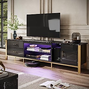 Bestier TV Stand for 75/80/85/90 Inch TVs, LED Gaming Entertainment Center, Modern TV Cabinet with Glass Shelves for Living Room, 2 Storage Drawers & Cabinets for Bedroom, Black Glossy