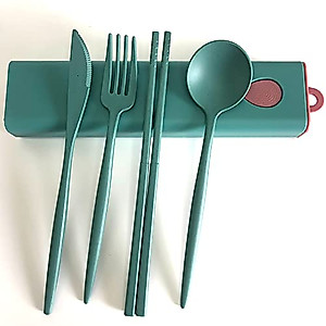 OURASHERO 4pcs Creative Plastic Tableware Set Light & Durable Cutlery Set Reusable Chopsticks Spoon Knife and Fork for Kids Adult Household Picnics Travel Gift with Storage Box