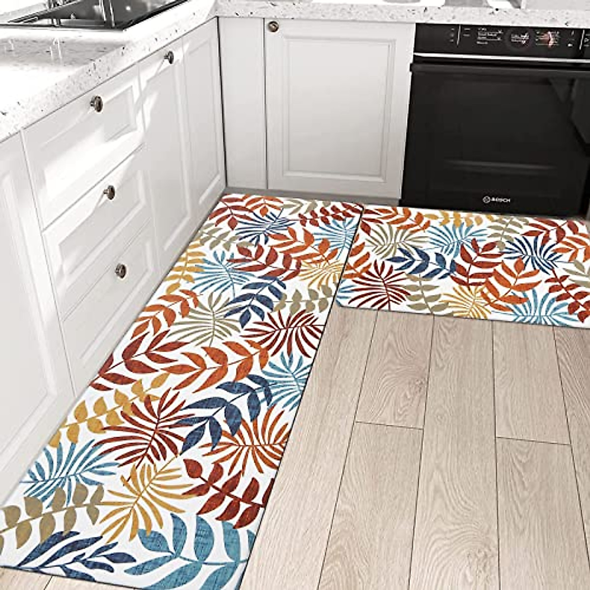 Pauwer Anti Fatigue Kitchen Floor Mat Set of 2 Waterproof Non Skid Kitchen Rugs and Mats Heavy Duty PVC Foam Cushioned Kitchen Runner Floor Mat Carpet for Kitchen Laundry Office