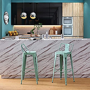 Changjie Furniture Metal Bar Stools Set of 4 Distressed Industrial Counter Bar Stool with Backs Bistro Cafe Barstools(30 inch, Distressed Blue-Green)