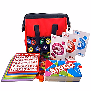 JUNWRROW Deluxe Bingo Game Set - Includes Red Bingo Bag, Jumbo Calling Card Deck,50 Mixed Bingo Cards, 500 Colorful Chips with a Bag- Ideal for Large Groups, Parties