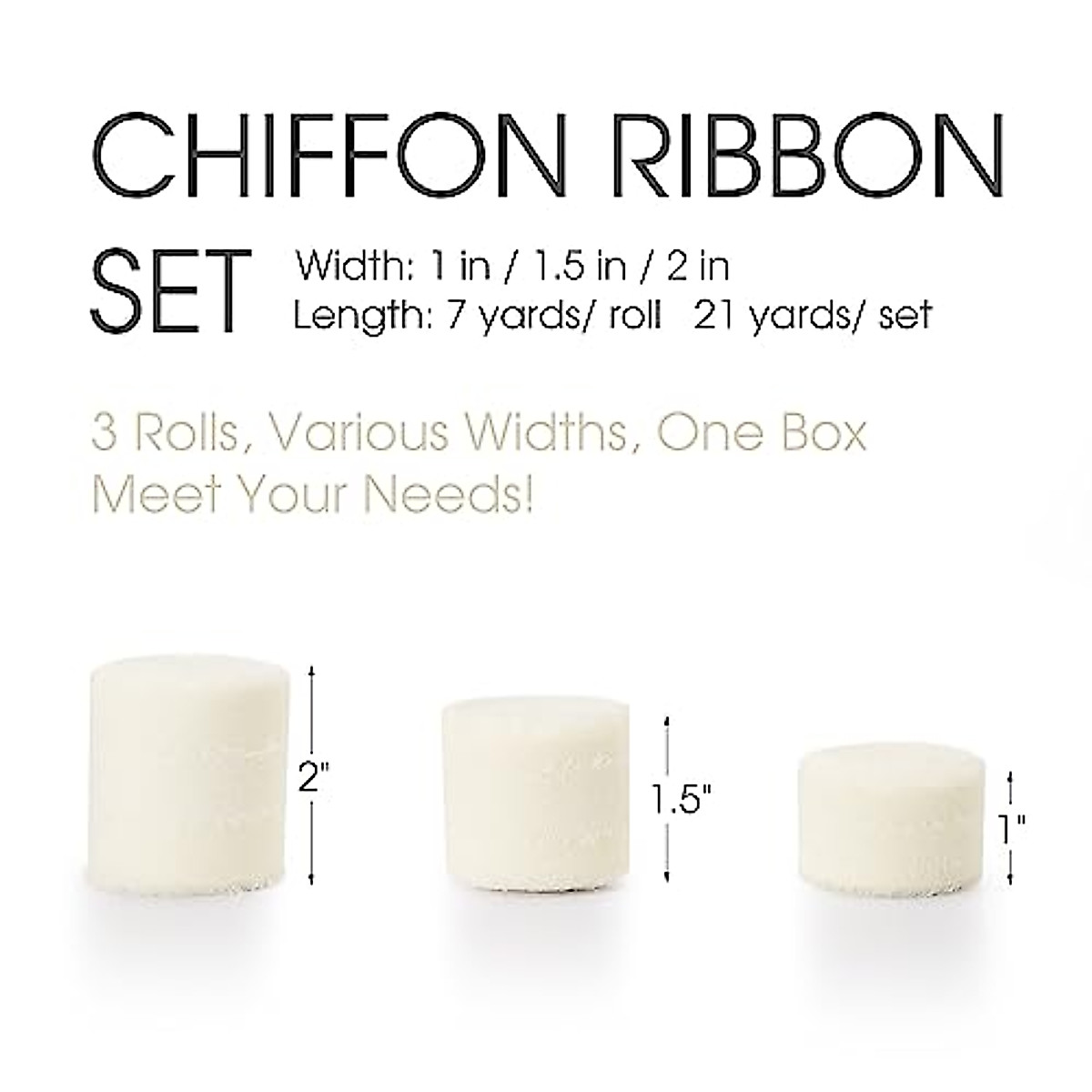 Keypan Chiffon Ribbon Ivory Silk 1" 1.5" 2" x 7Yd Set Handmade Fringe Wedding Ribbons for Gift Wrapping Bridal Flower Bouquet Baby Shower