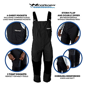 WindRider Pro Foul Weather Gear - Rain Suit - Jacket + Bibs - Breathable, Numerous Pockets, Mesh Lined for Comfort - For Fishing, Sailing, Outdoor Adventuring (Black, Small)