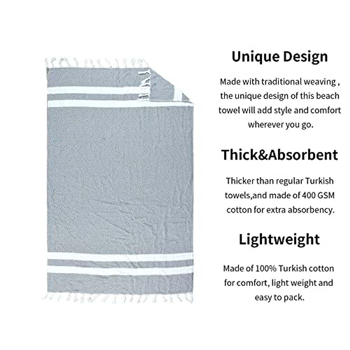 NakedCloud Turkish Beach Towel with Storage Bag 39 x 71 Inches, Quick Dry Diamond Weave Cotton Towel Blanket for Bath,Beach,Pool,Lightweight Large Oversized Turkish Beach Blanket(Grey)