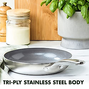 GreenPan Chatham Tri-Ply Stainless Steel Healthy Ceramic Nonstick 8" Frying Pan Skillet, PFAS-Free, Induction Suitable, Dishwasher Safe, Silver