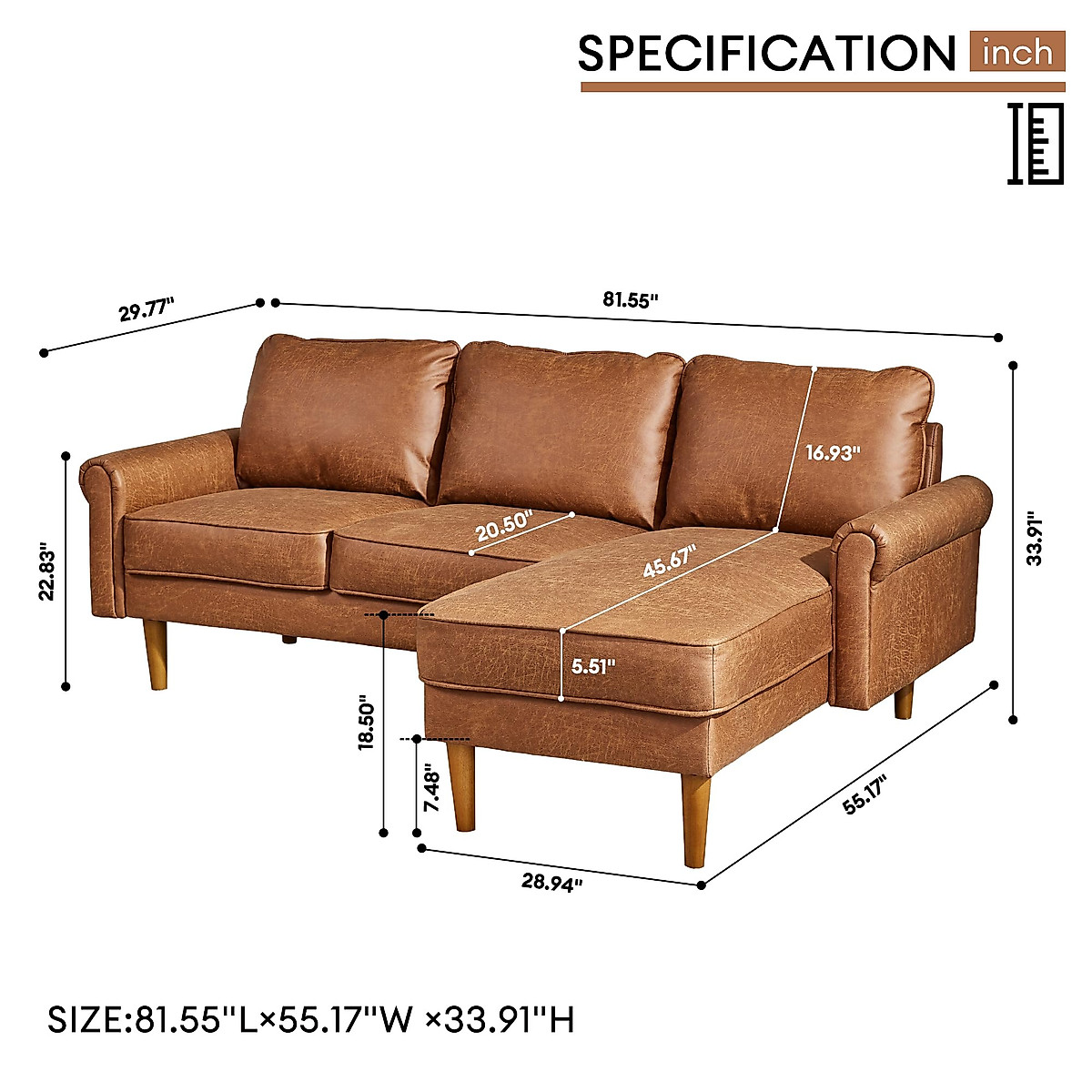 Weaxty 81.55" Sofa Couch, L Shaped Faux Leather Sectional with Chaise Suede Fabric Couch Sofas with Comfortable Cushions for Small Space Living Room Apartment, Right Chaise Brown