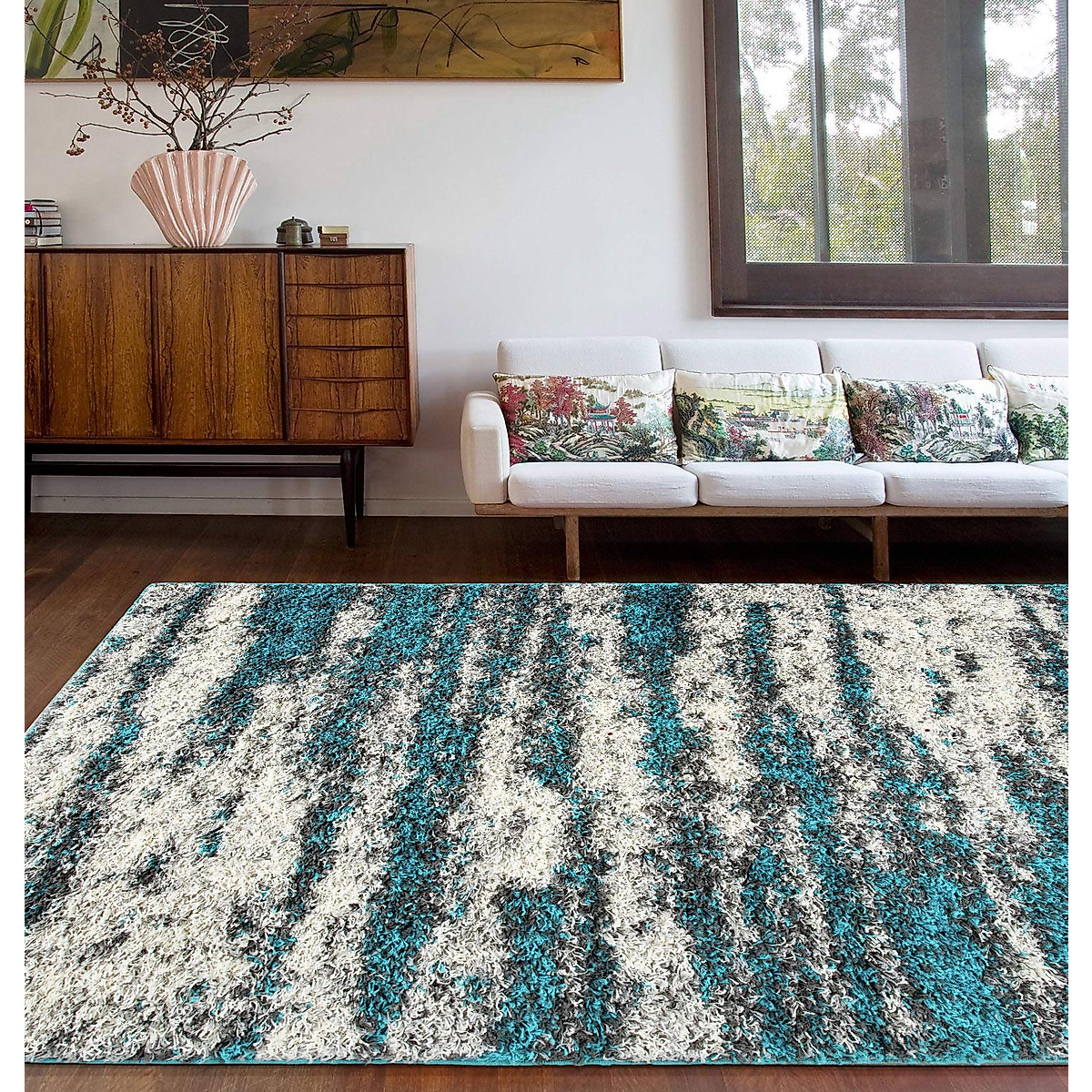 Rugshop Contemporary Abstract Design Plush Shag Area Rug 7'10" x 10' Turquoise
