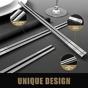 Metal Chopsticks 304 Stainless Steel Chopsticks Reusable Dishwasher Safe Square Japanese Chinese Korean Chop sticks for Cooking Eating with Travel Carrying Cotton Bag Gift Set, 9 1/2 Inches (2 Pairs)