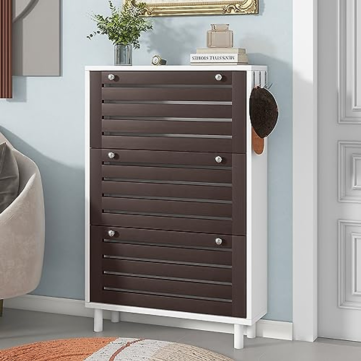 Narrow Shoe Cabinet with 3 Flip Drawers for 24 Pairs Shoes, Natural Wood Top Entryway Organizer with 3 Hooks, Free Standing Shoe Rack with Adjustable Panel for Hallway, 31.5''x9.4''x47.6'',White&Brown