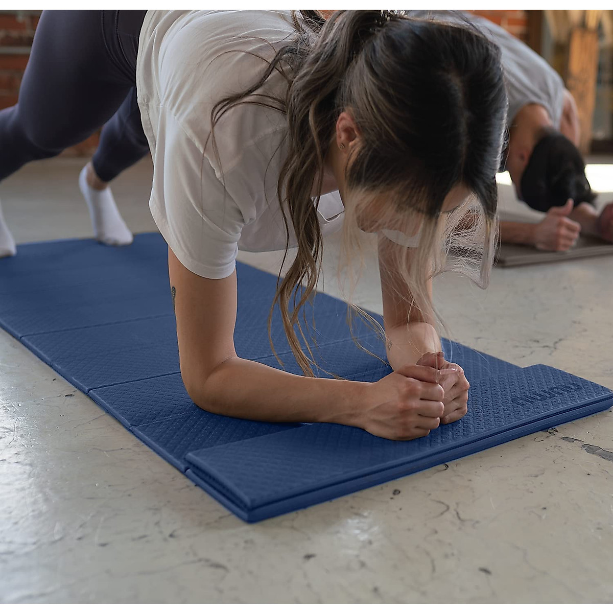 Numu Foldable Yoga Mat with Yoga Carrying Strap - Nonslip, Lightweight, and Portable 1/4” Inch Thick Workout Exercise Mat - Perfect for Easy Storage and Travel (Blue)