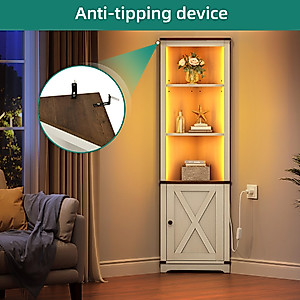 YITAHOME Corner Storage Cabinet with LED Light, Farmhouse Tall Corner Cabinet with Barn Door Design & Adjustable Shelf, Home Space Saver for Bathroom/Living Room/Laundry Room, White