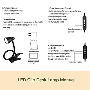 ALAMPEVER LED Clip Desk Lamp,3 Color Modes Book Light,10-Level Adjustable Brightness Dimmer Desk Lamp with Adapter, CRI 90+ Eye Protection Clip on Desk Light with 2700-6500K USB Clamp Light-White