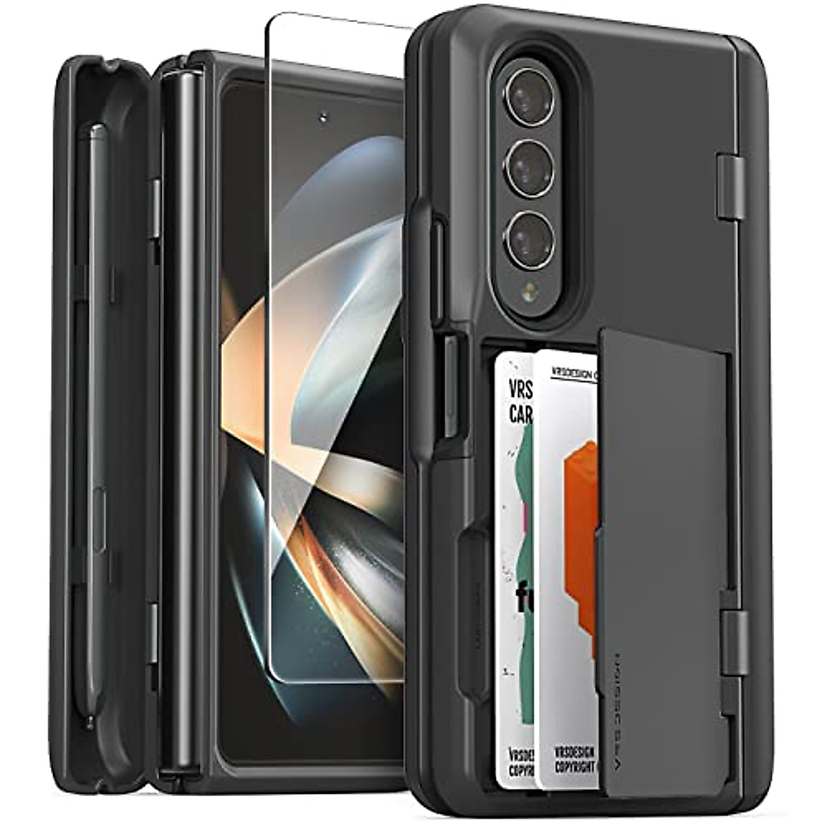 VRS DESIGN Terra Guard Modern GO S Phone Case for Galaxy Z Fold 4 5G (2022), Premium Modern Neat Style Hinge Protection Card Case with S Pen Compartment (Matte Black/Renewed)